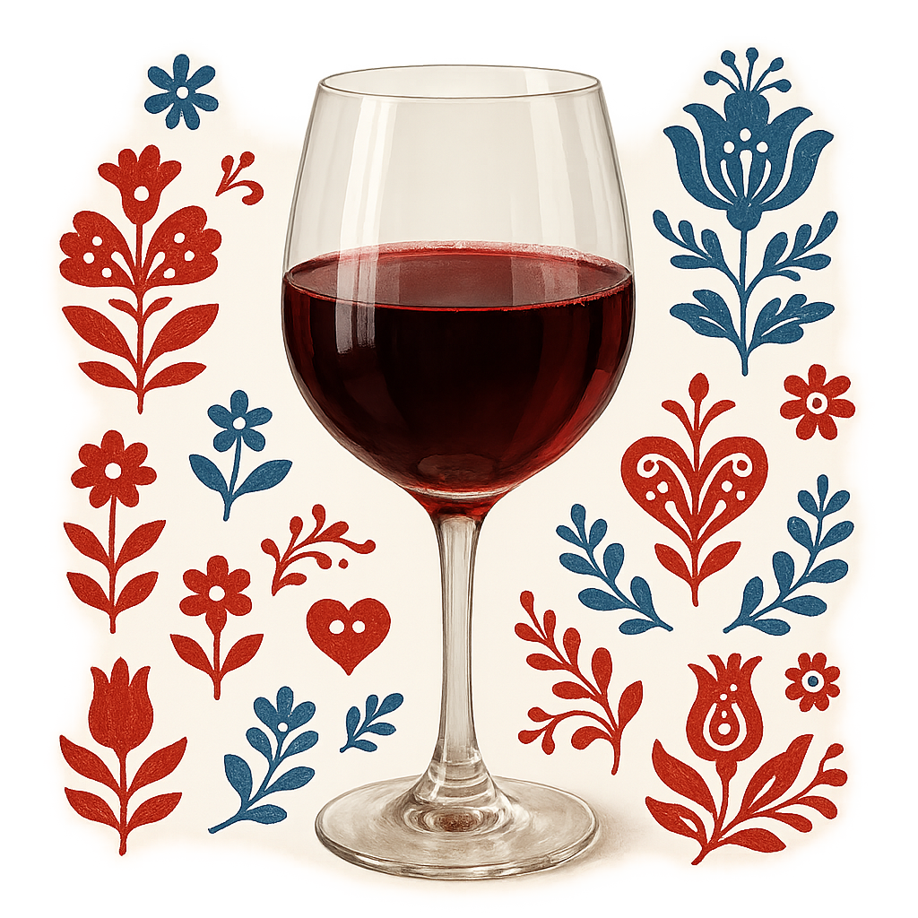 sklenice vína kolem ní jsou moravské lidové vzory. bez pozadí. styl ...