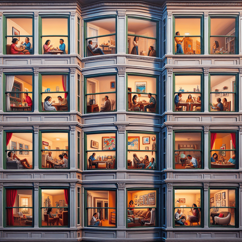 Panelový dům se spoustou oken do kterých je vidět a v každém se ...