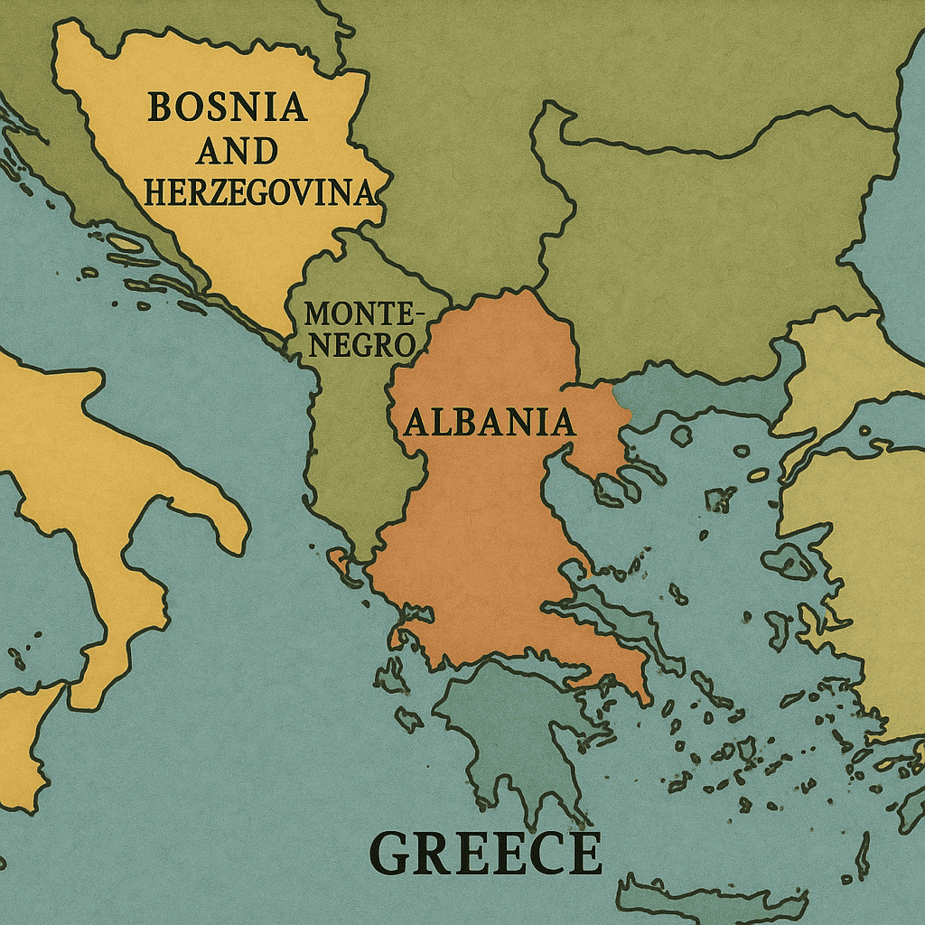 mapa recko, albánie, cerna hora, bosna – VytvořSiPotisk.cz