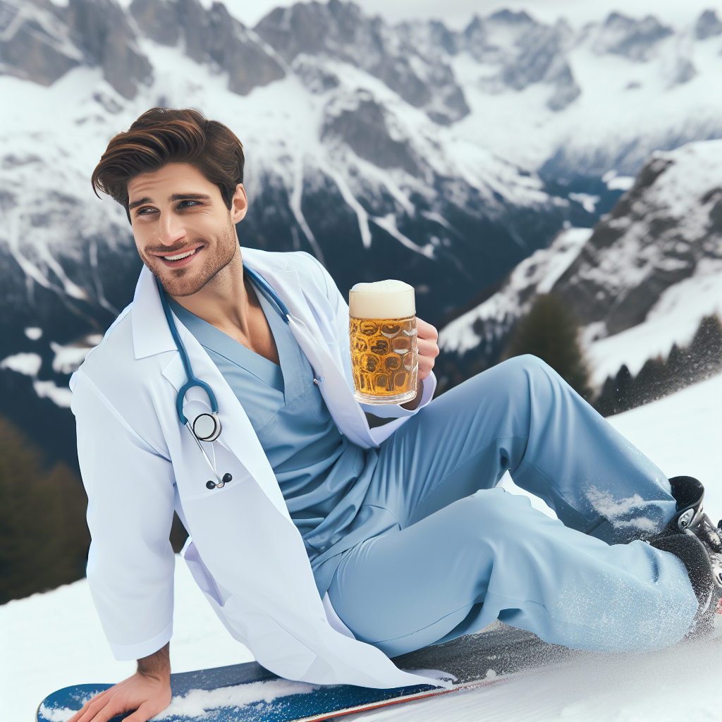 Doctor in medical clothes and white coat skiing in the Alps with a beer ...