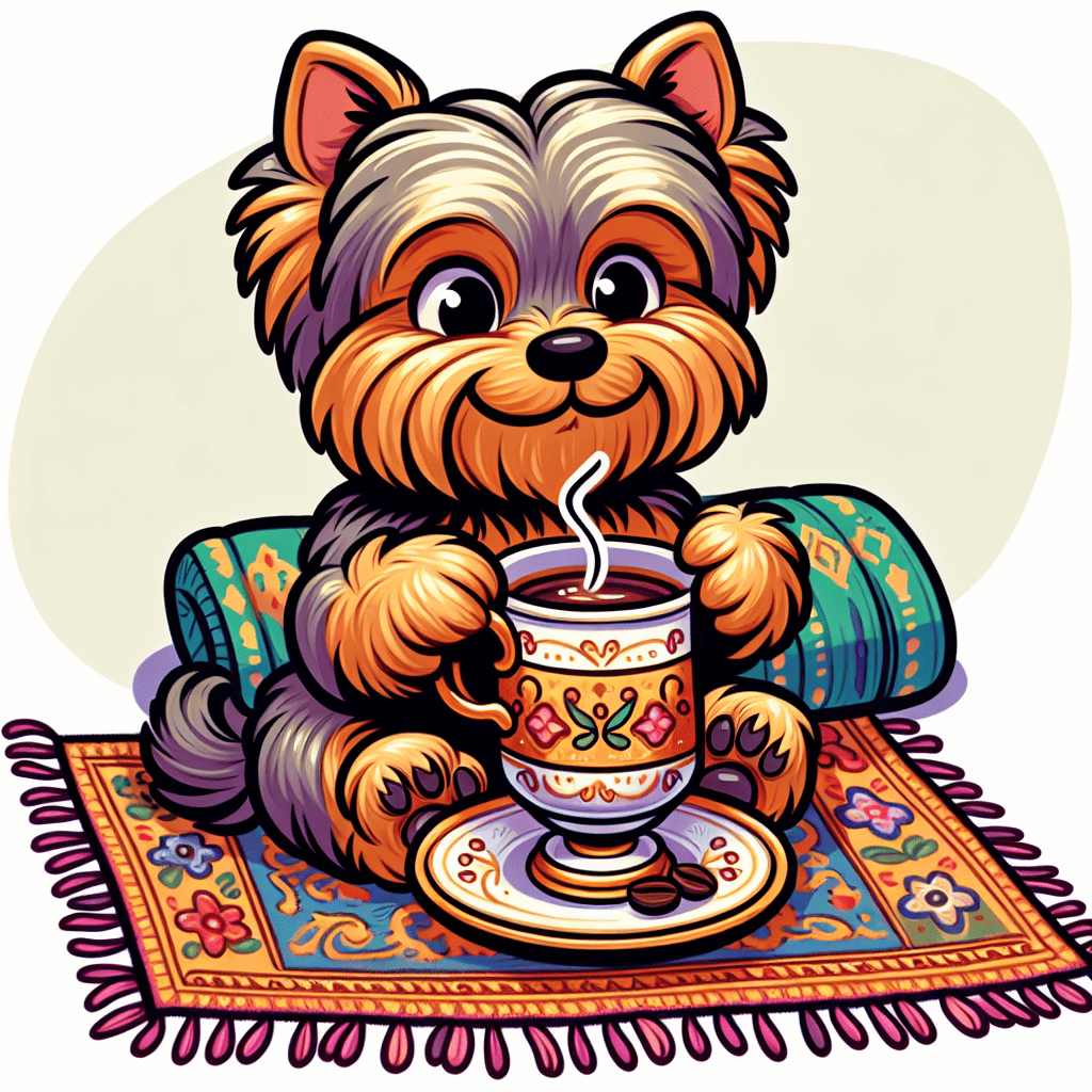 Pes Yorkshire pijící kávu, kreslené, barevné – VytvořSiPotisk.cz