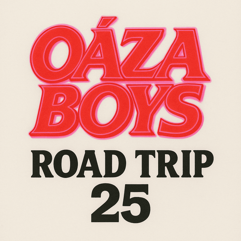 červený vapor wave nápis "Oáza Boys" a pod tím nápis "Road Trip '25 ...